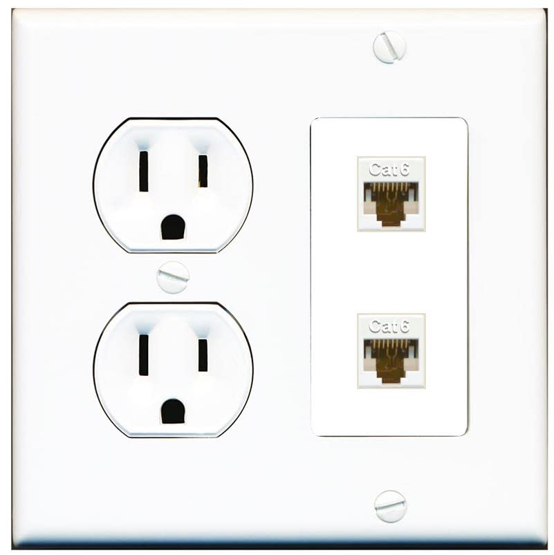 15 Amp Duplex Round Power Outlet 2 Port Cat6 Ethernet Wall Plate White ...