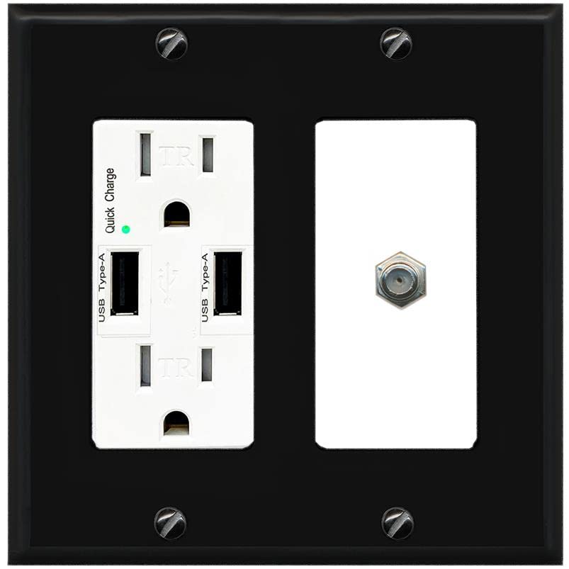 RiteAV 1 Port Coax Cable TV F-Type Wall Plate - USB Charger [Black/Whi