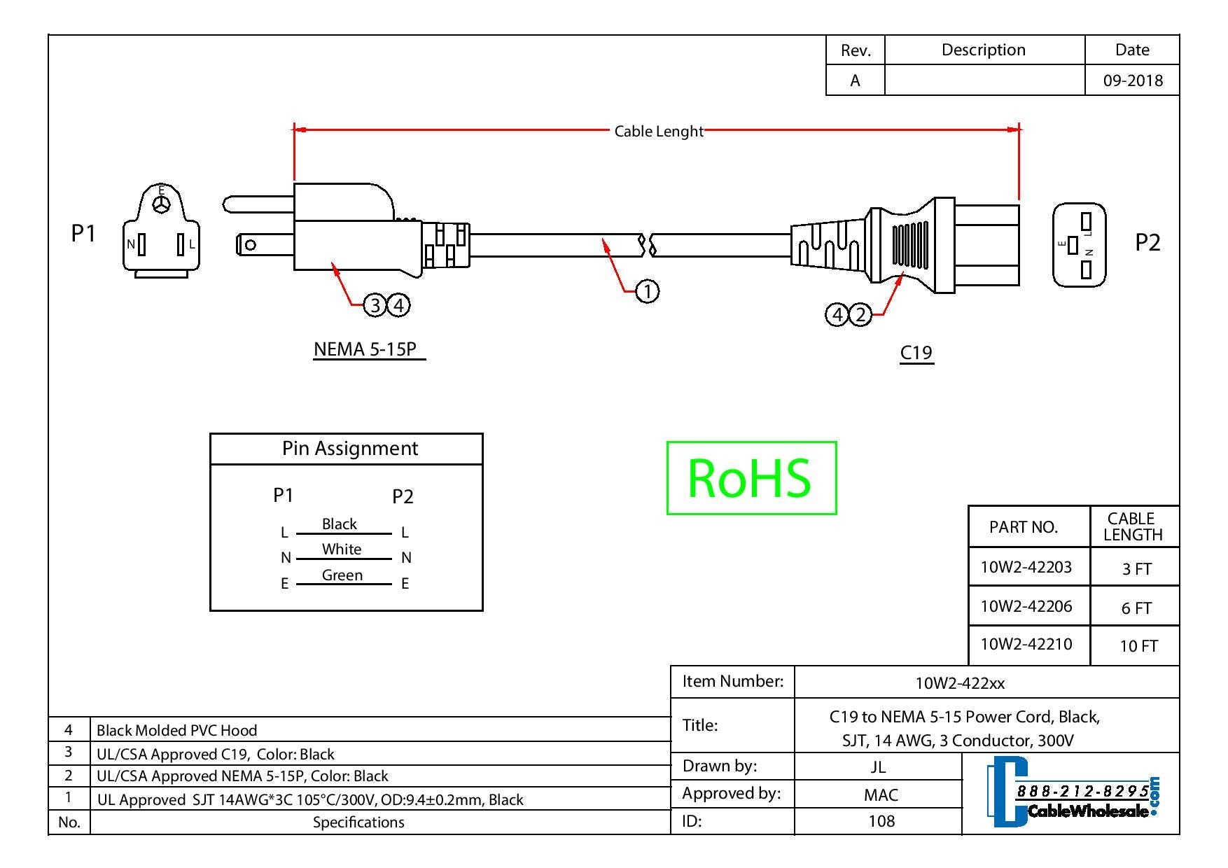 10 feet Power Extension Cord, Power Extension Cable, NEMA 5-15P Male t ...