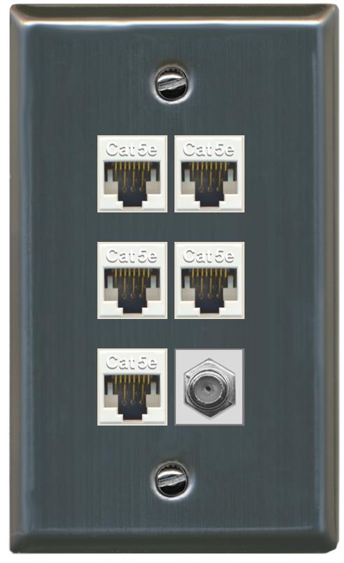 RiteAV 5 Port Cat5e Ethernet and 1 x Coax Wall Plate - Flat [Stainless