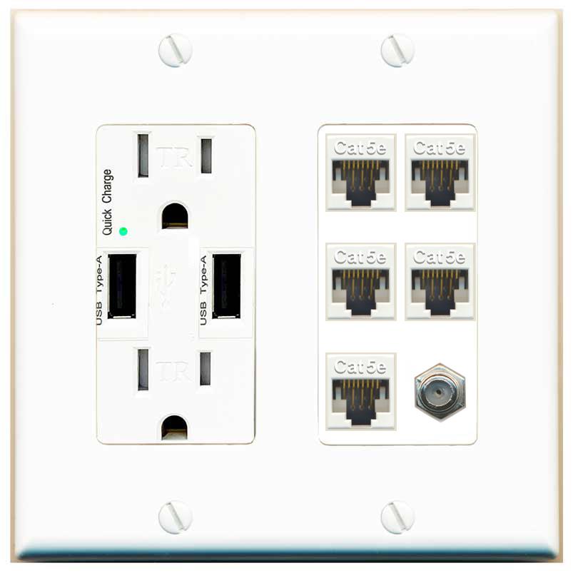 RiteAV 5 Port Cat5e Ethernet and 1 x Coax Wall Plate - USB Charger [Wh