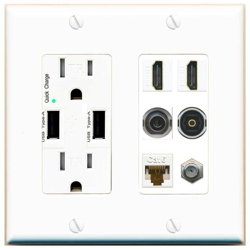 2 Port HDMI 1 Coax CAT6 3.5mm Toslink Jack Wall Plate - USB Charger [W ...