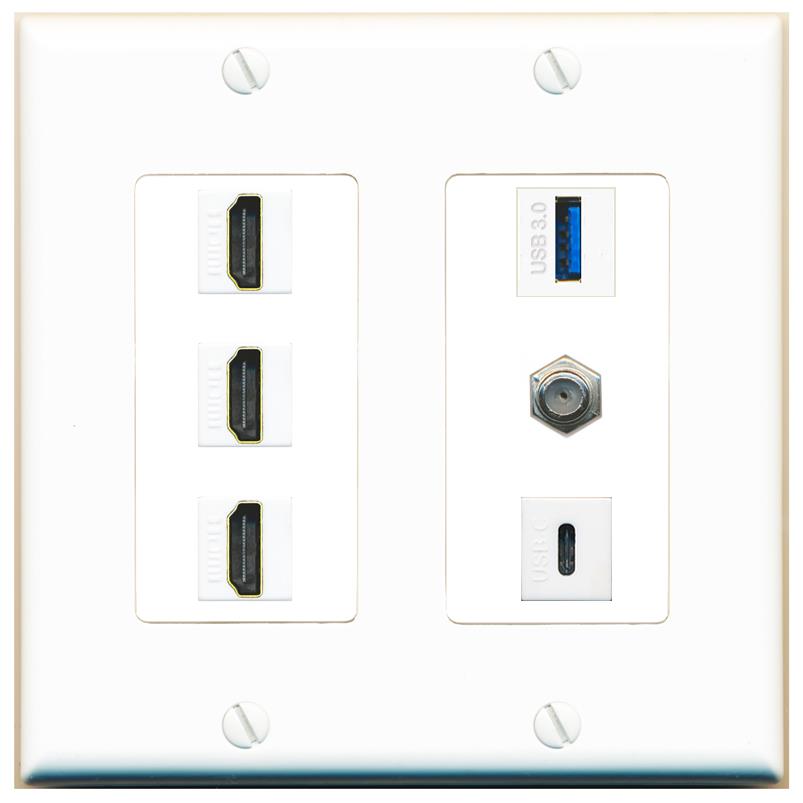 RiteAV 3 HDMI USB3 USBC Coax Wall Plate - 2 Gang [White]