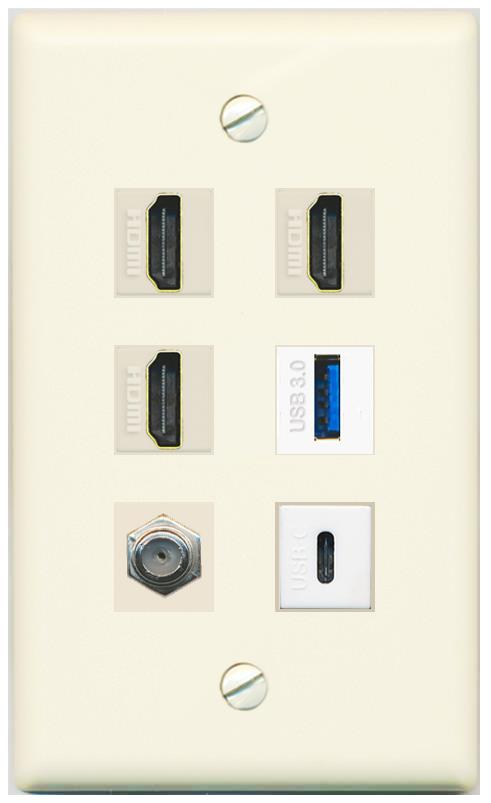 RiteAV 3 HDMI USB3 USBC Coax Wall Plate - Flat [Light-Almond]