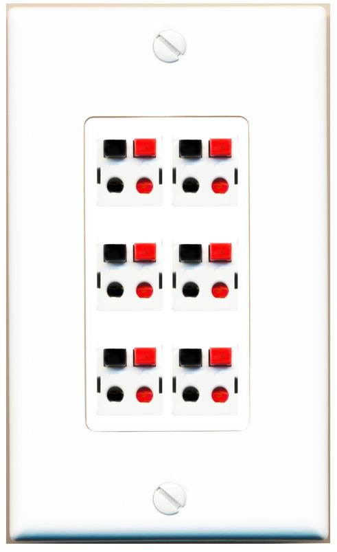 RiteAV 6 Port Speaker Wire Plug Jack Wall Plate - 1 Gang [White]
