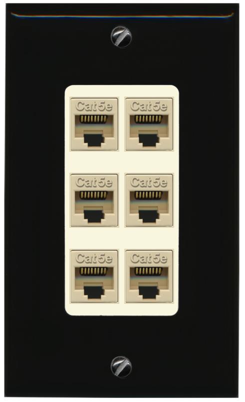 RiteAV 1 Gang Decorative 6 Port Cat5e Wall Plate - 1 Gang [Black/Light