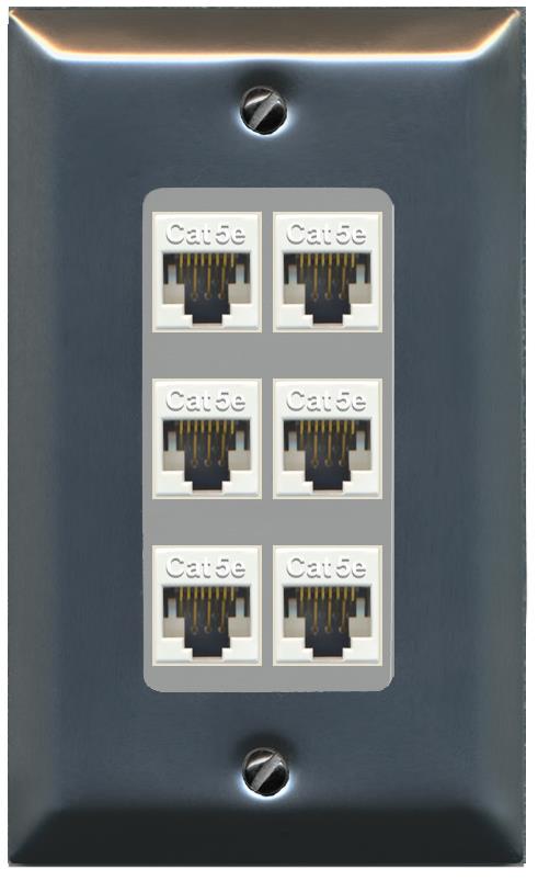 RiteAV 1 Gang Decorative 6 Port Cat5e Wall Plate - 1 Gang [Stainless/G