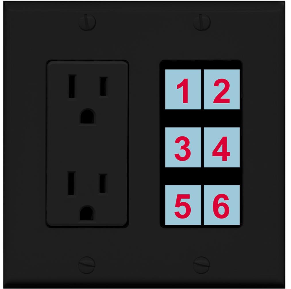 6 Port Custom Keystone Wall Plate w/DecorZ Power Outlet Black – RiteAV